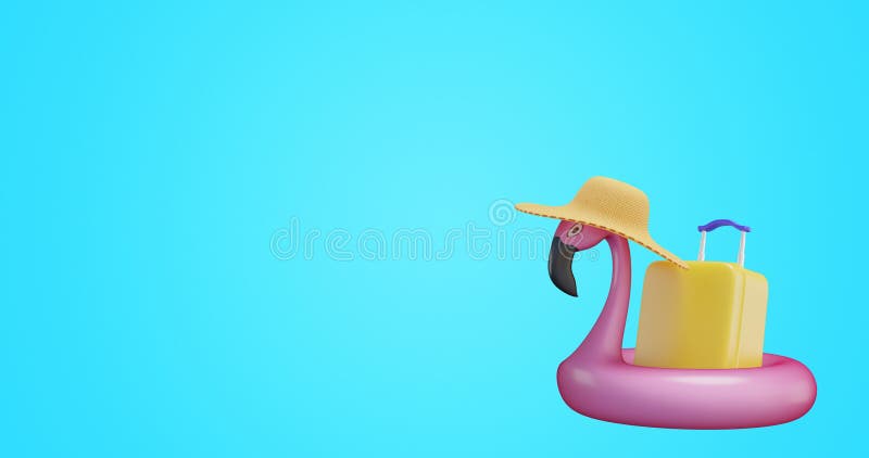 Summer Banner. Inflatable Flamingo in a Straw Hat with a Suitcase Stock ...