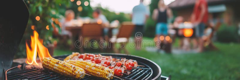 Summer Bbq Grilling Corn and Skewers in a Backyard Party Setting Stock ...
