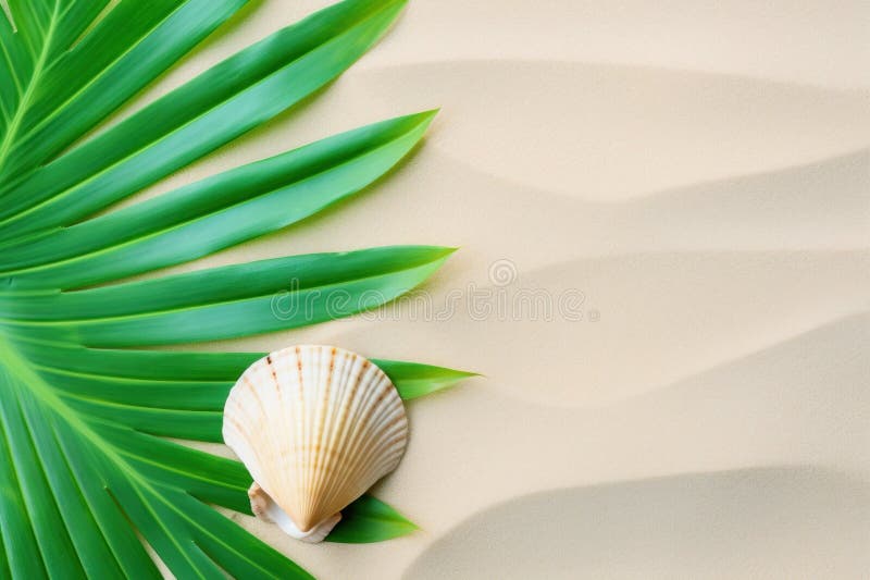 Summer Beach Background with Green Palm Leaf and Shell AI Generated ...