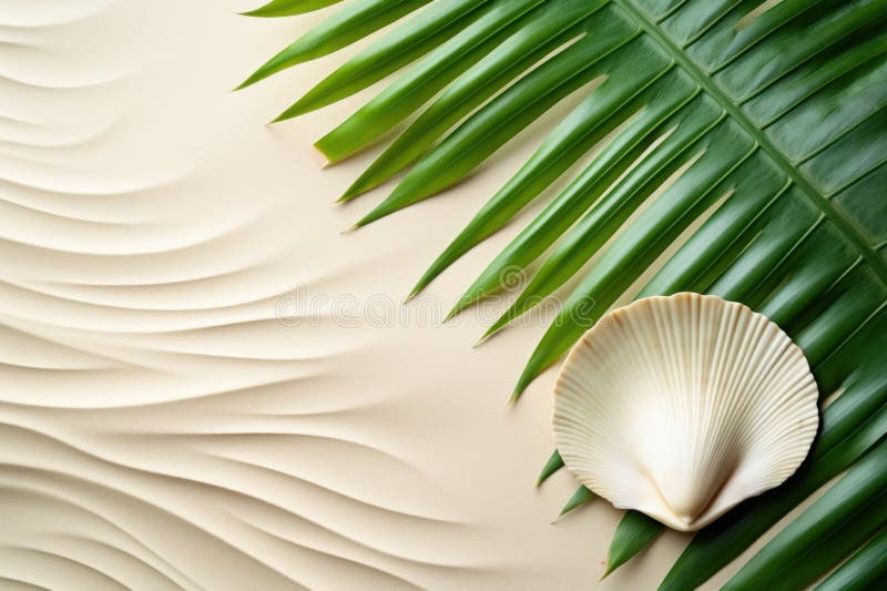 Summer Beach Background with Green Palm Leaf and Shell AI Generated ...