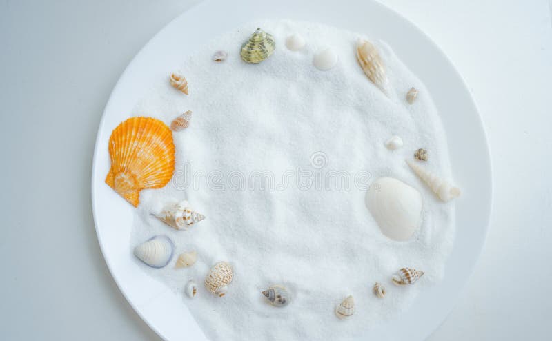 Summer Beach Concept. Sand and Sea Shells Beach Theme White Background ...