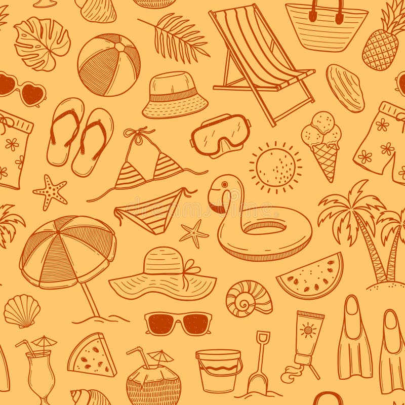 Summer and Beach Doodles Seamless Pattern Stock Vector - Illustration ...
