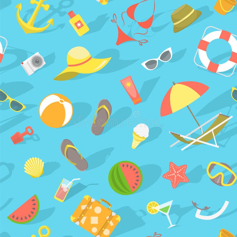 Summer Beach Essentials Seamless Pattern Stock Vector - Illustration of ...