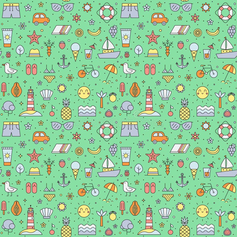 Summer Beach Multicolored Big Outline Seamless Pattern (green). Stock ...