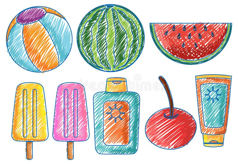Summer Beach Objects in Pencil Colour Sketch Simple Style Stock Vector ...