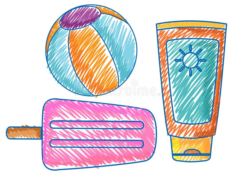 Summer Beach Objects in Pencil Colour Sketch Simple Style Stock Vector ...