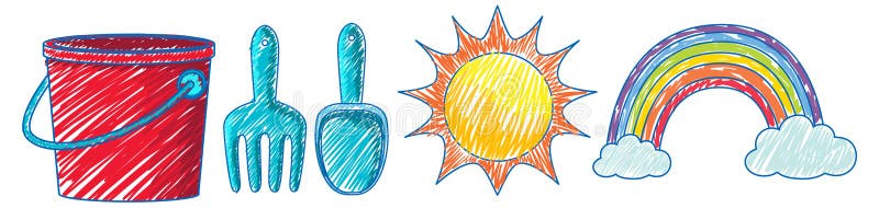 Summer Beach Objects in Pencil Colour Sketch Simple Style Stock Vector ...