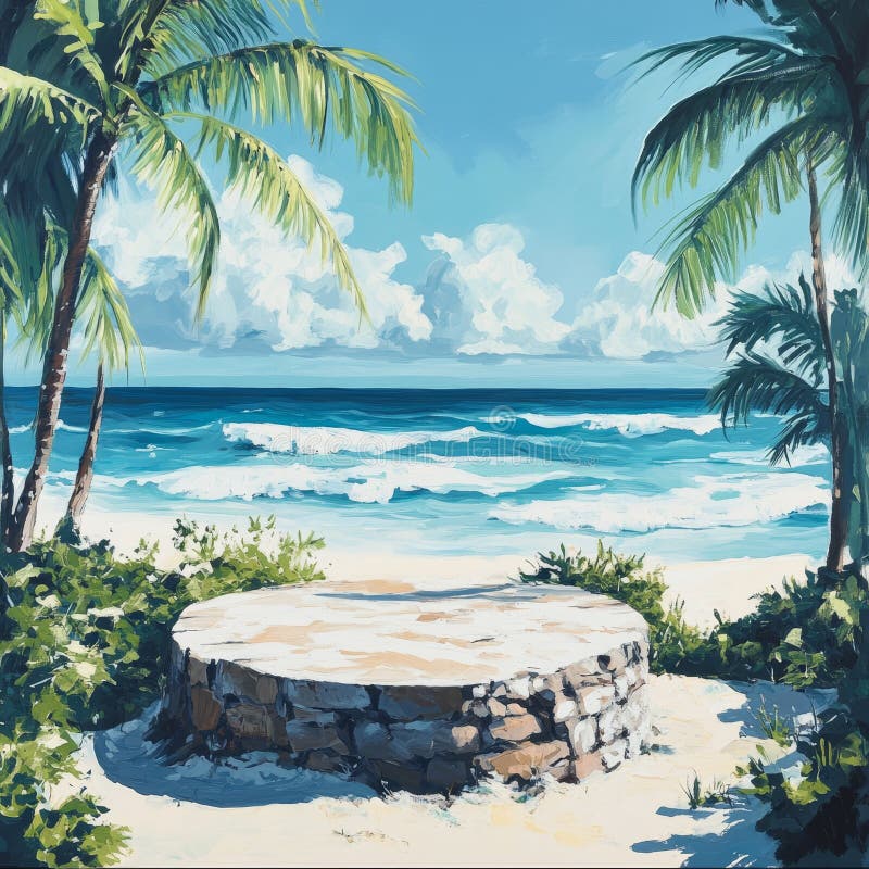 Summer Beach with Palm Trees, Sand and Stones. Vector Illustration ...