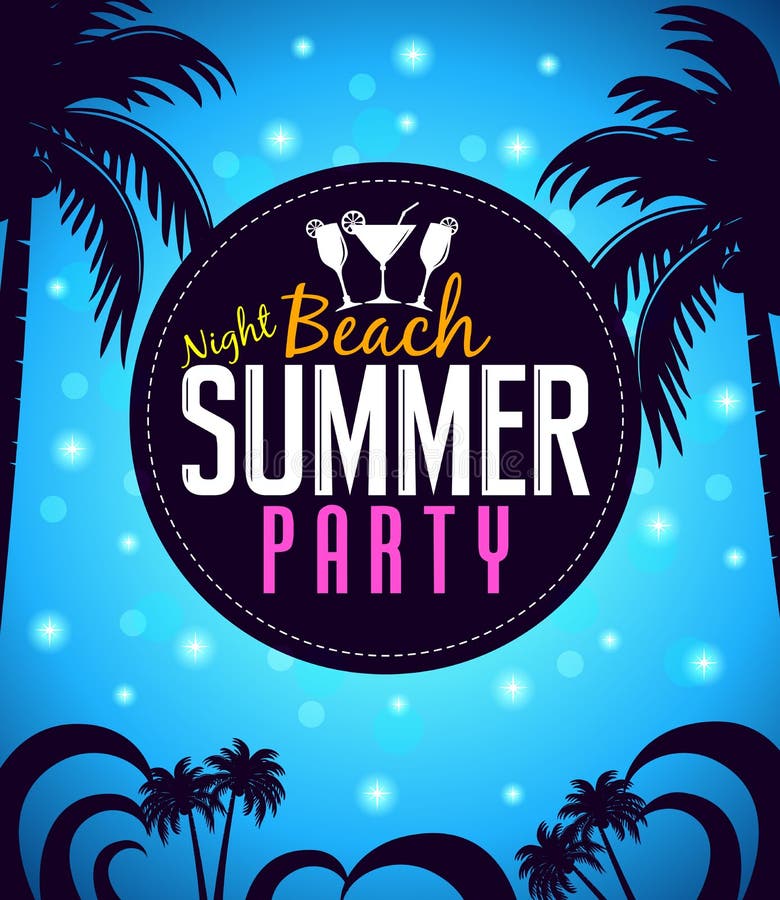 Summer Beach Party in a Circle with Palm Trees in Blue Stock Vector ...