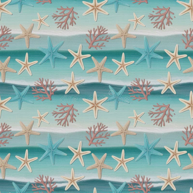 Summer Beach Pattern with Starfish Coral and Ocean Waves Illustration ...