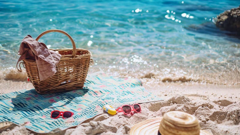 Summer Beach Picnic. Picnic Basket, Towel, and Summer Hat on a Sunny ...