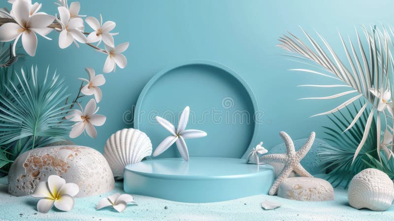 Summer Beach Podium Display with Seashells and Tropical Plants Stock ...