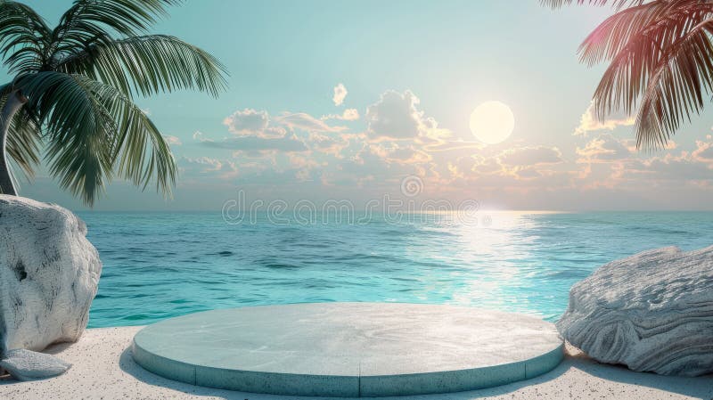 Summer Beach Podium with Ocean View and Palm Trees at Sunset Stock ...