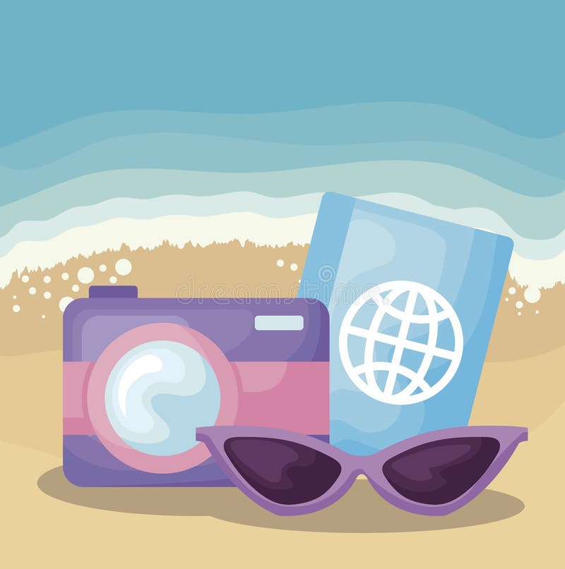 Summer Beach Scene with Camera and Passport Stock Illustration ...