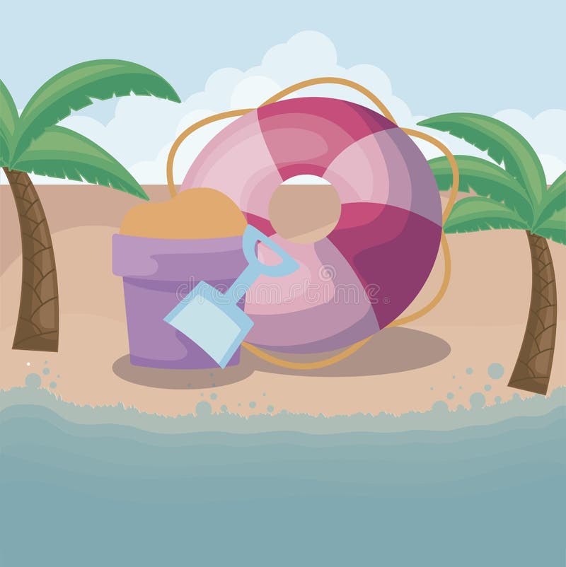Summer Beach Scene with Float and Sand Bucket Stock Illustration ...
