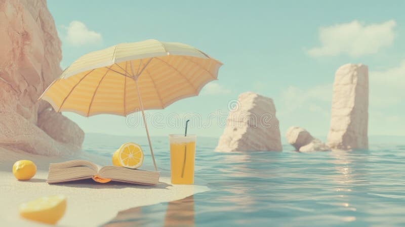Summer Beach Scene with Yellow Umbrella and Lemons Stock Illustration ...