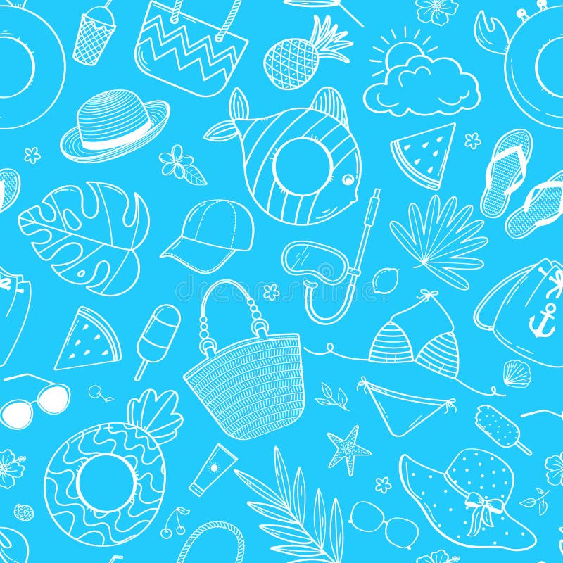 Summer Beach Seamless Pattern White Sketch on a Blue Background Stock ...