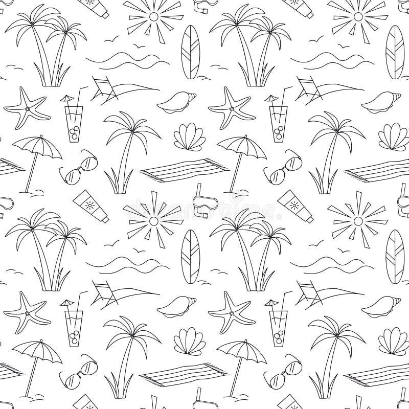 Summer Beach Seamless Vector Pattern with Palm Tree, Surfboard, Shells ...
