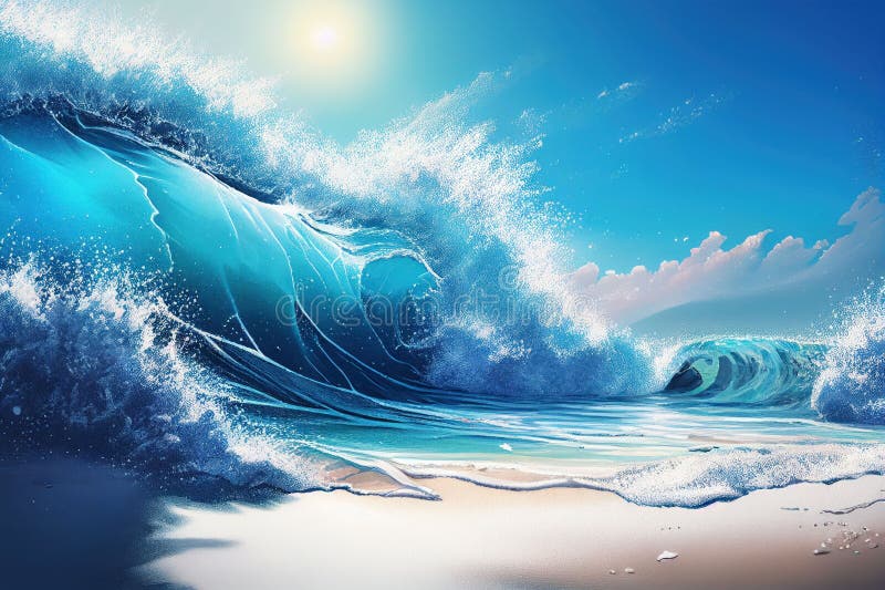 Summer Beach Seascape and Sea Wave Runs Over the Sandy Shore Created ...