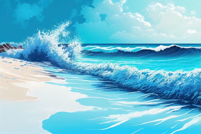 Summer Beach Seascape and Sea Wave Runs Over the Sandy Shore Created ...