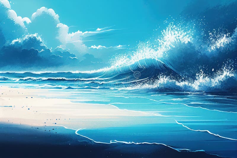 Summer Beach Seascape and Sea Wave Runs Over the Sandy Shore Created ...