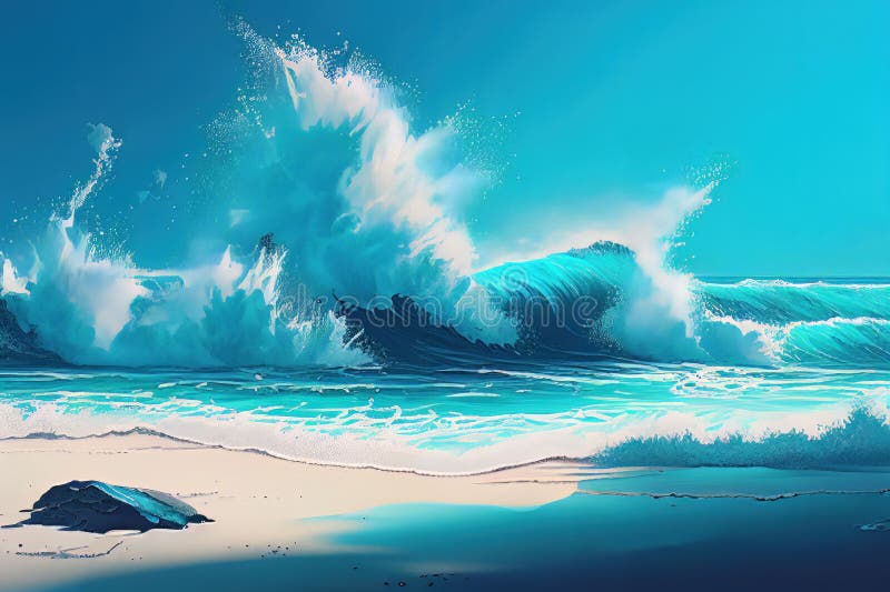 Summer Beach Seascape and Sea Wave Runs Over the Sandy Shore Created ...