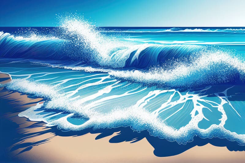 Summer Beach Seascape and Sea Wave Runs Over the Sandy Shore Created ...