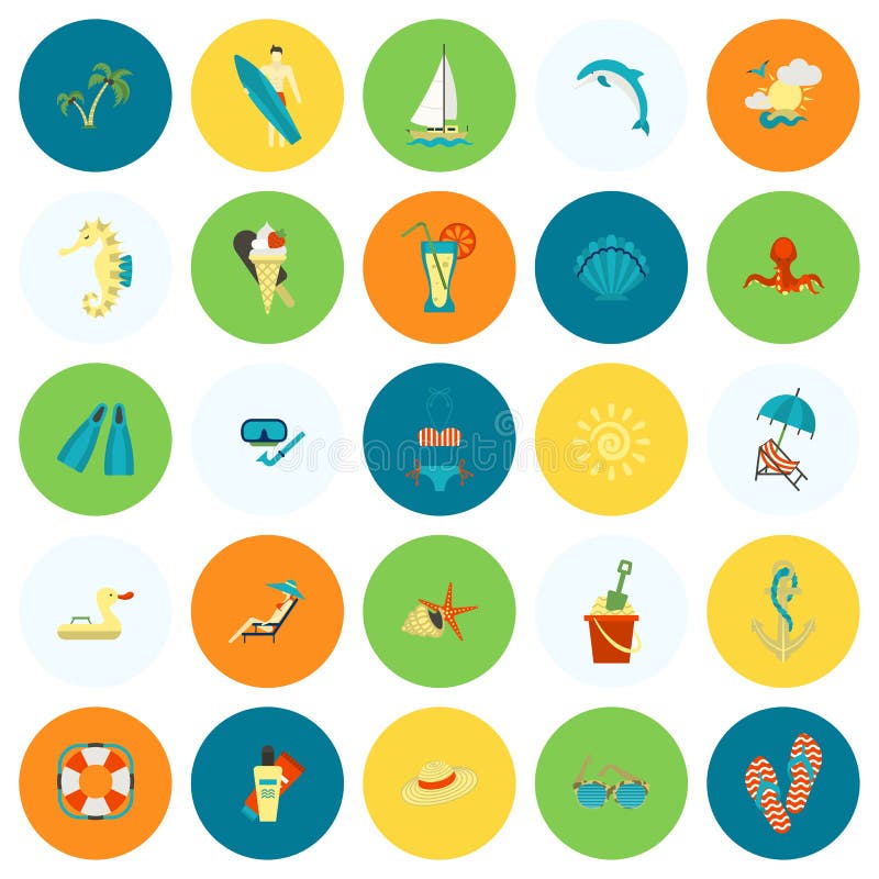 Summer and Beach Simple Flat Icons Stock Vector - Illustration of ...