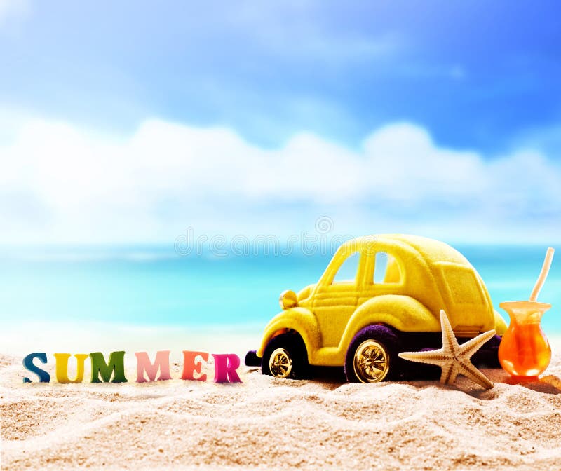 Summer Beach with Starfish, Toy Car and Cocktail in White Sand. Stock ...