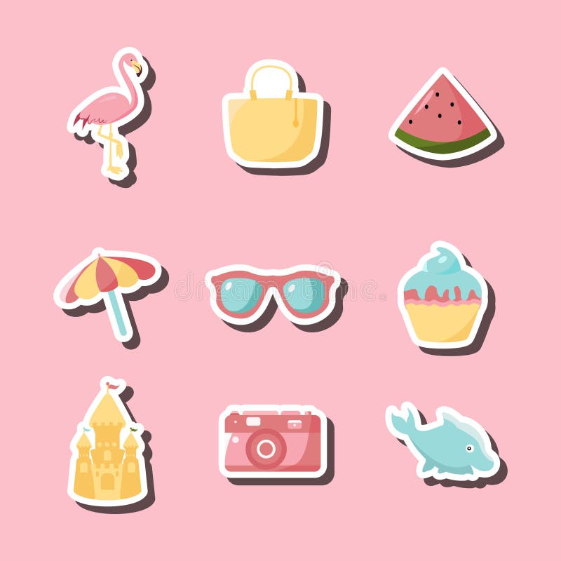 Set Collection of Cute Summer Beach Sticker Stock Vector - Illustration ...