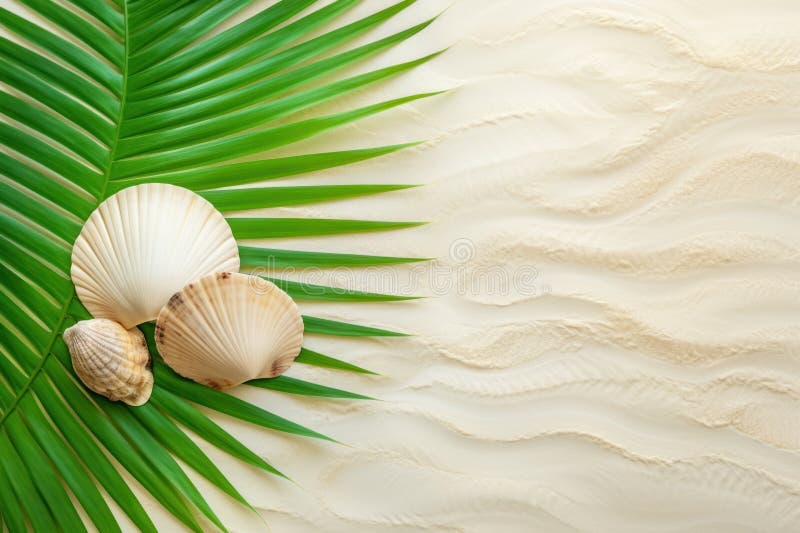 Summer Beach Texture with Green Palm Leaf and Shell AI Generated Stock ...