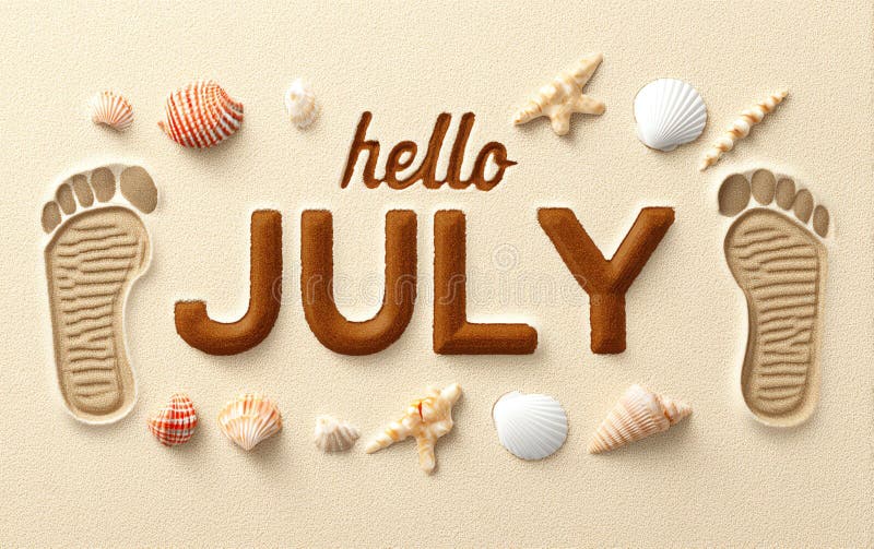 Summer Beach Theme Footprints and Shells Design with Greeting for July ...