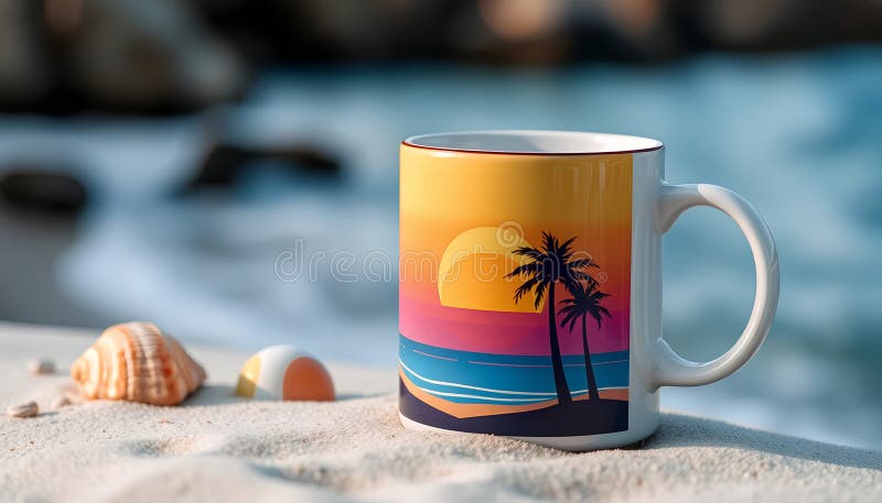 Summer Beach-themed Coffee Mug with Palm Trees and Sunset Gradient ...