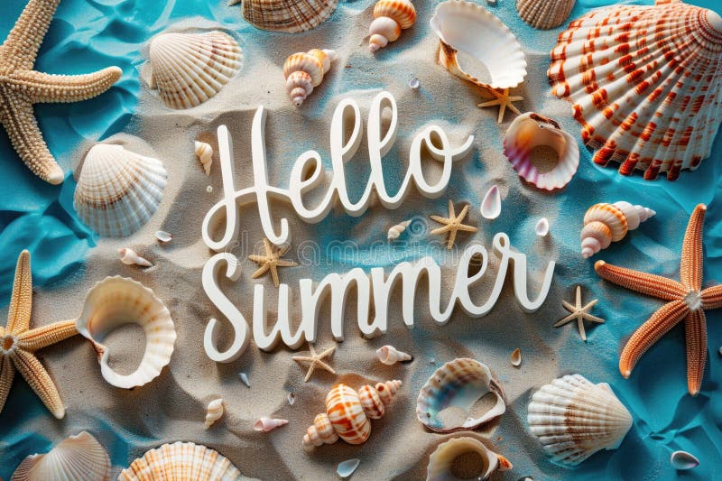Summer Beach Vibes with "Hello Summer" Script Amid Seashells and ...