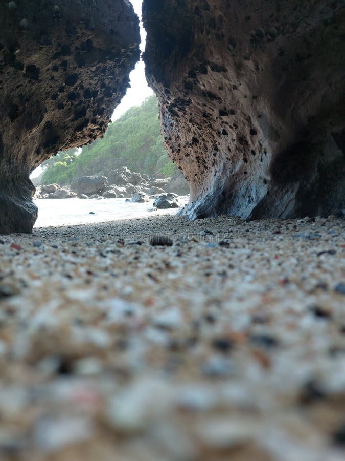 Summer Beach View Sand Rock Hole Forest Stock Photo - Image of beach ...