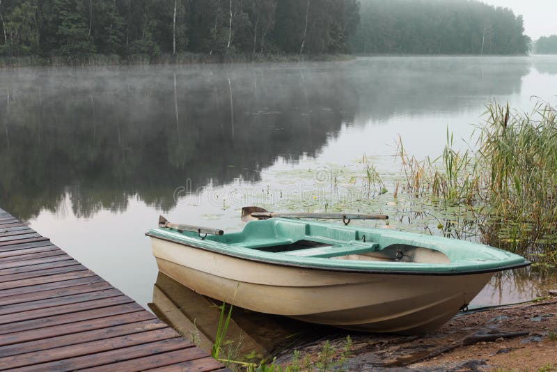 Beautiful Landscape with Boat on Lake at Sunrise Stock Image - Image of ...