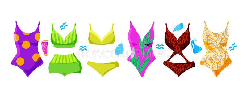 Summer Bikini Set for Women. Flats Style Painted Elements. Bathing ...