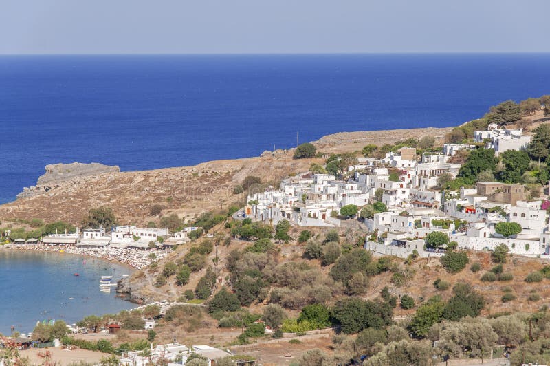 Summer Bottom View of Rhodes Acropolis of Lindos with Sea Stock Photo ...