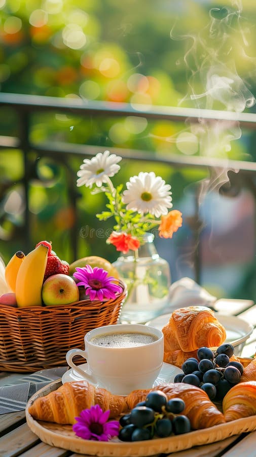 Summer Breakfast with Croissants, Aromatic Coffee, Fruit at a Table on ...