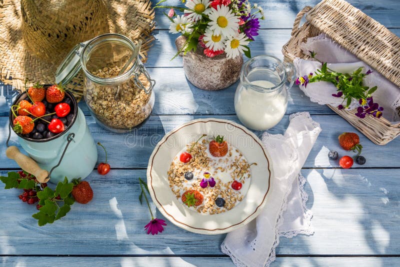 Summer Breakfast in the Garden Stock Image - Image of energy, dairy ...