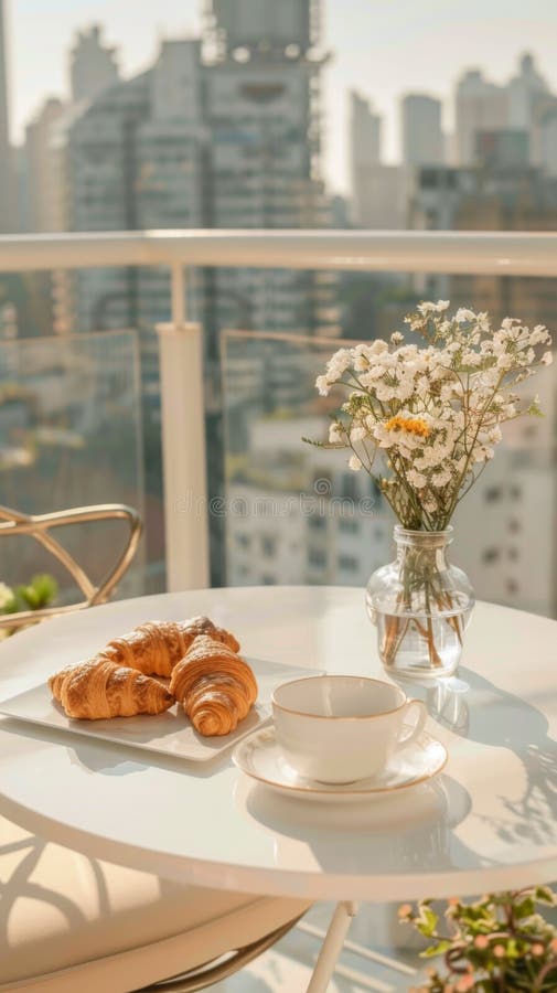 Summer Breakfast on the Terrace, Aromatic Coffee and Fresh Croissants ...
