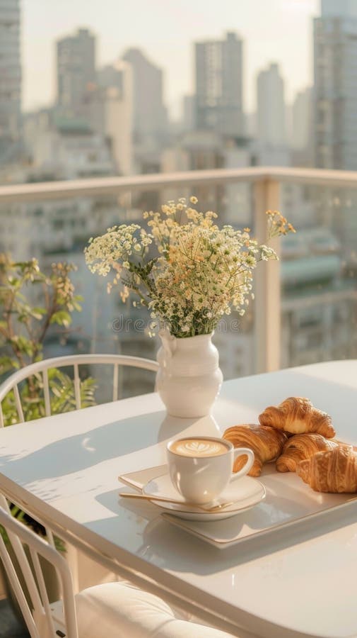Summer Breakfast on the Terrace, Aromatic Coffee and Fresh Croissants ...