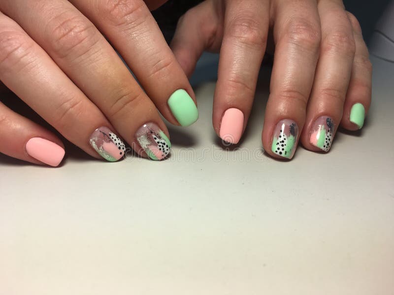 Summer Bright Manicure with Silver and Stripes Design Stock Image ...