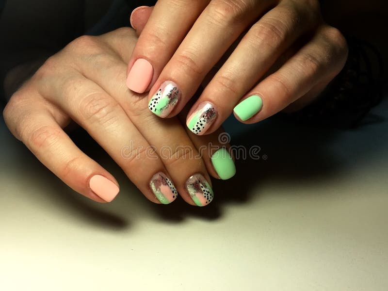 Summer Bright Manicure with Silver and Stripes Design Stock Image ...