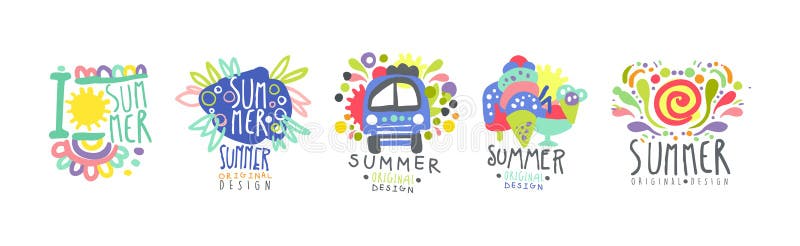 Summer Bright Original Design Label with Hand Drawn Element Vector Set ...