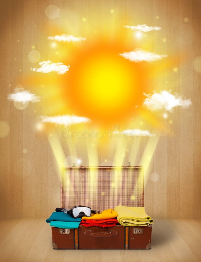 Summer Bright Sun with Clouds and Tourist Bag Stock Illustration ...