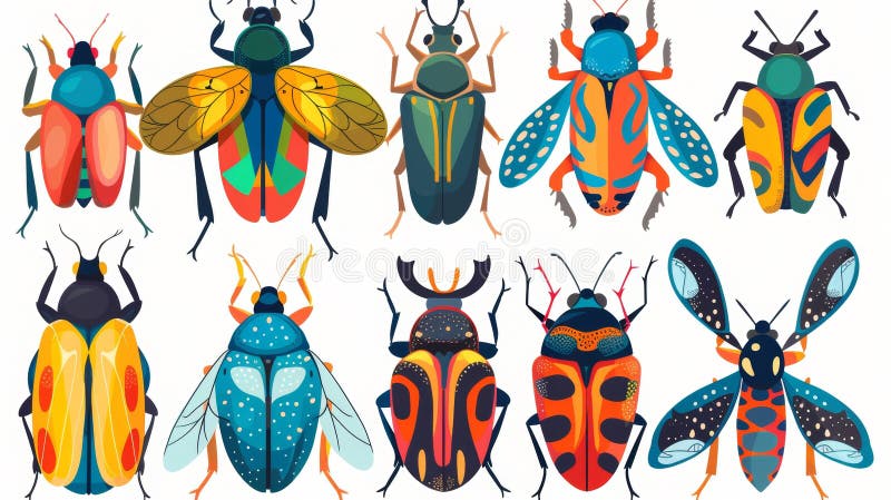 Summer Bugs with Colorful Patterns on Wings. Various Bright Insects ...