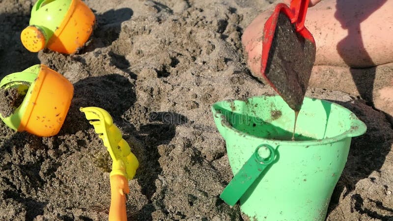 Summer Building Tools on Beach. Play with Water and Sand Stock Video ...