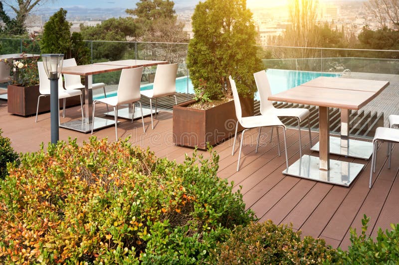 Summer Cafe with Tables Against the Backdrop of the Pool Stock Image ...