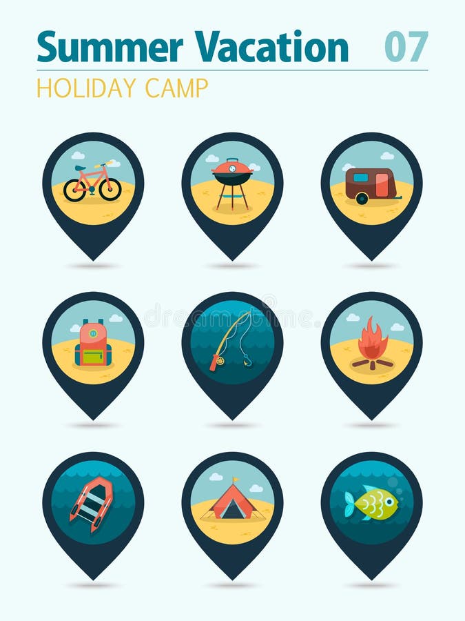 Summer Camping Pin Map Icon Set. Holiday Stock Vector - Illustration of ...